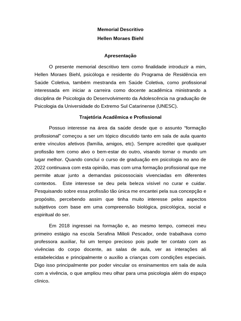 Memorial Descritivo - Mestrado | PDF | Psicologia | Mestrado