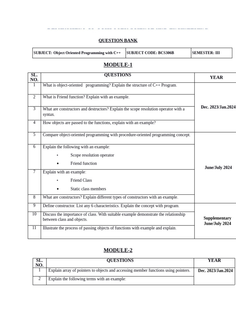 OOPS With C++ Question Bank-2024-25 | PDF | C++ | Class (Computer Programming)