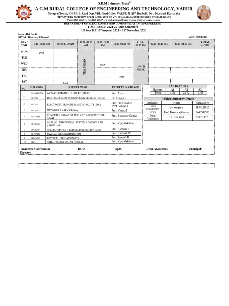 3rd A Sem Time Table 2024-25 | PDF | Computing