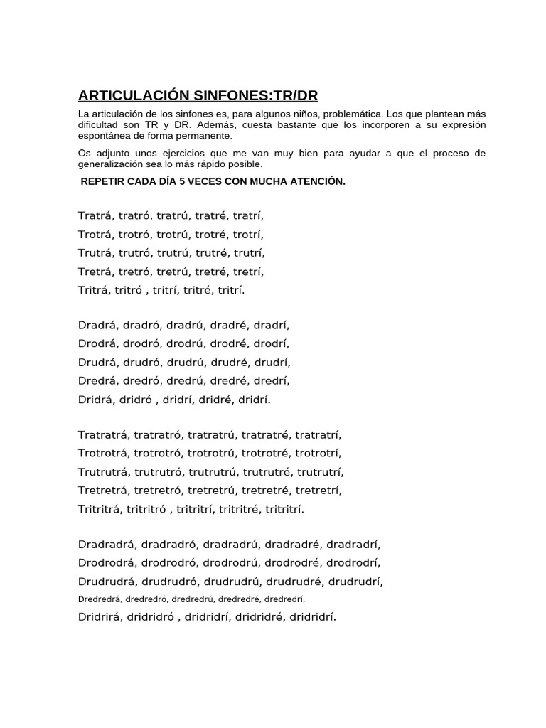 Ejercicios de Sinfones TR/DR para Niños | PDF