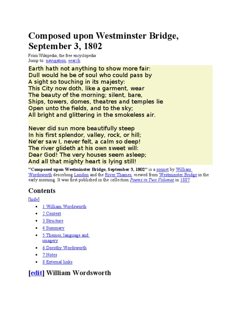 Composed Upon West Minster Bridge | PDF | Sonnets | William Wordsworth