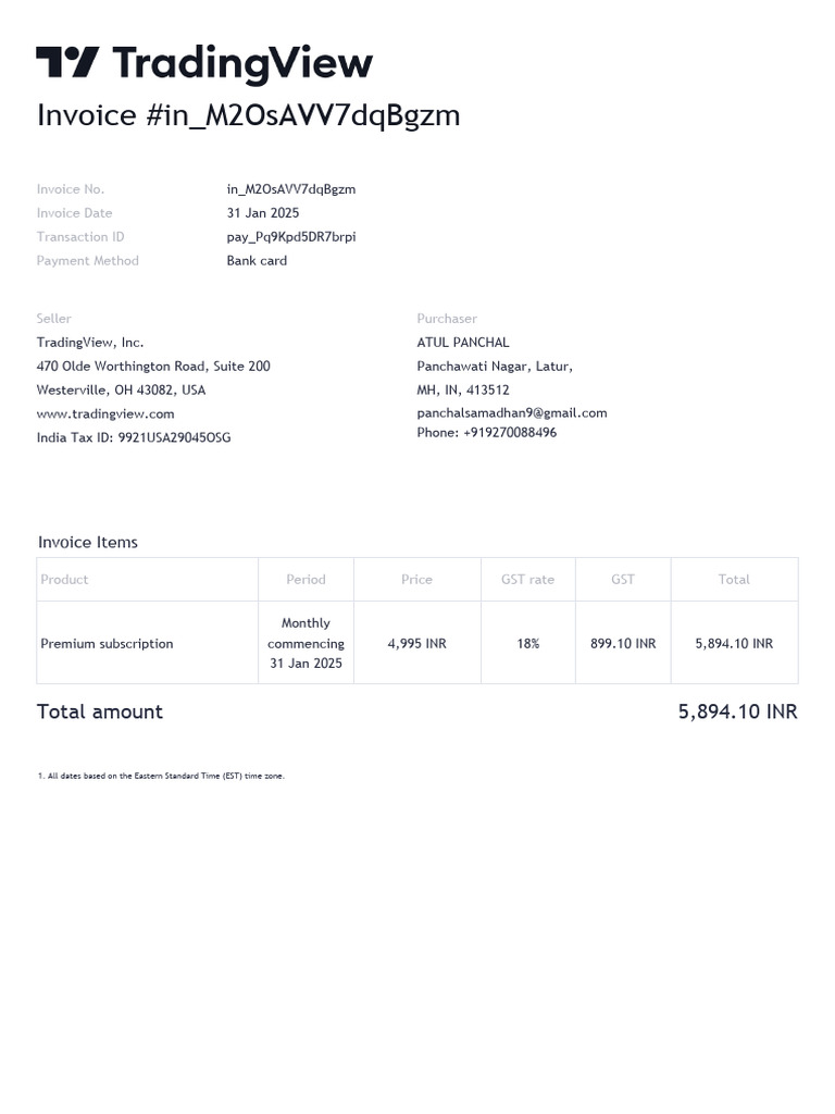 TradingView Invoice for Premium Subscription | PDF