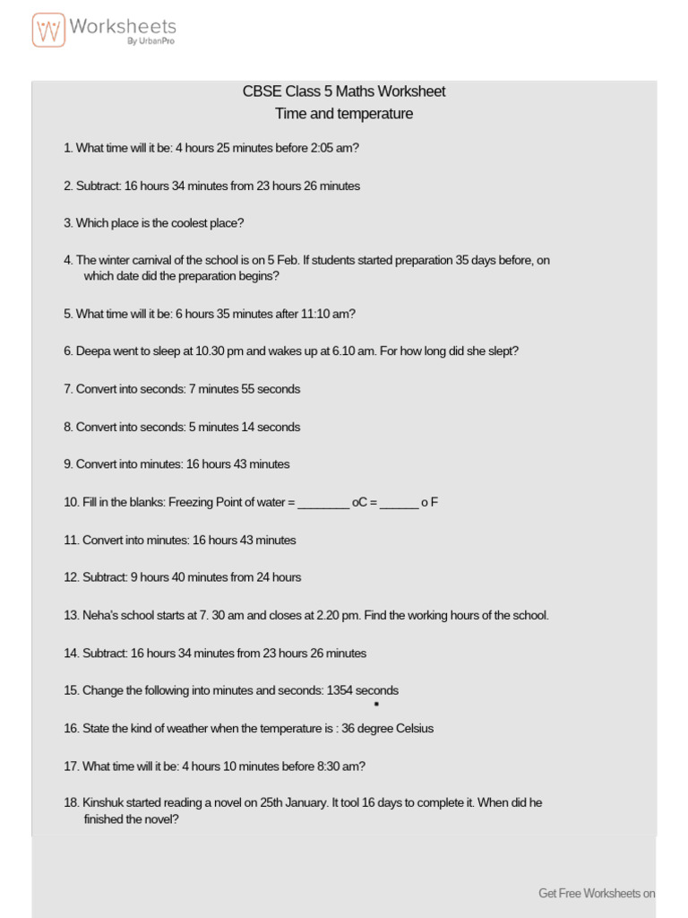 Class 5 Time and Temperature Worksheet | PDF