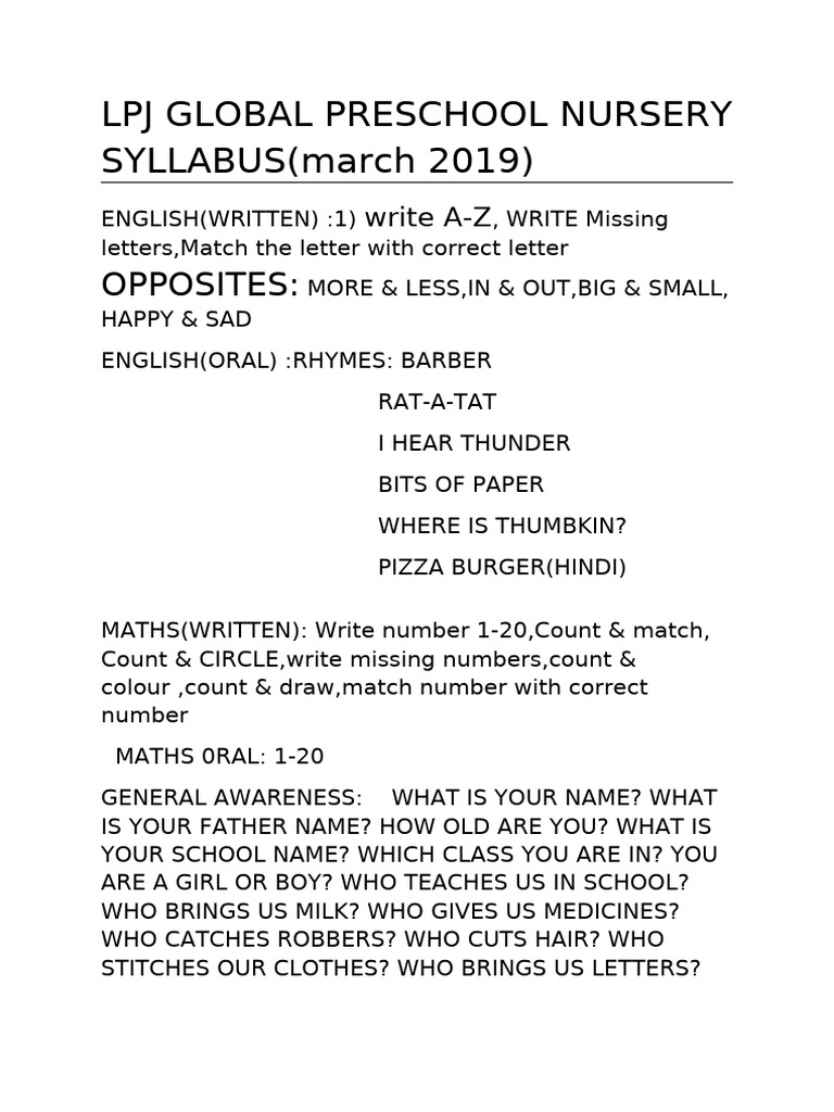 LPJ Global Preschool Nursery Syllabus | PDF