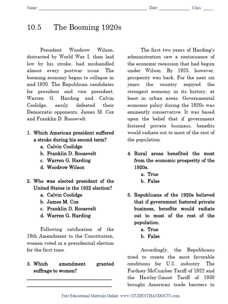 10.05 Booming Roaring 1920s Reading Questions | PDF | Calvin Coolidge ...