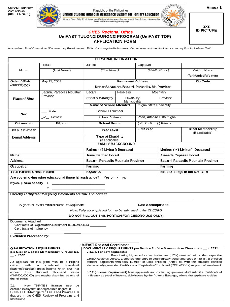 UniFAST Tulong Dunong Application Form | PDF