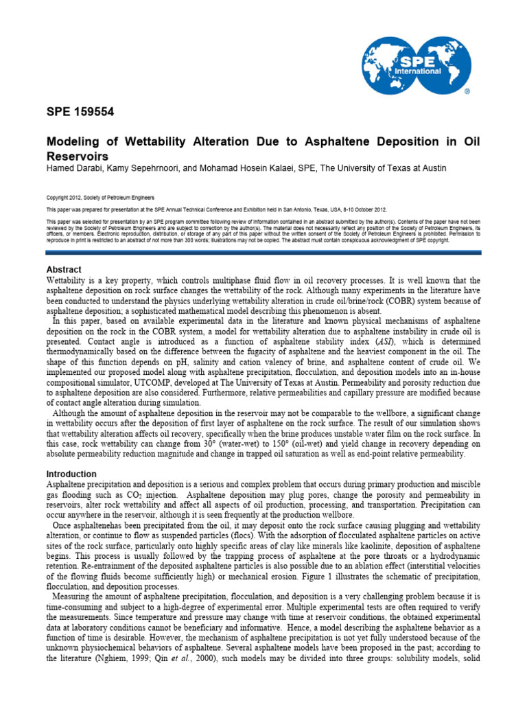 SPE-159554-MS Modeling of Wettability Alteration Due Asphaltene | PDF ...