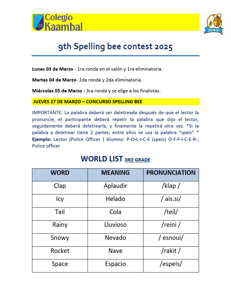 Word List 3RD Grade Spelling Bee | PDF