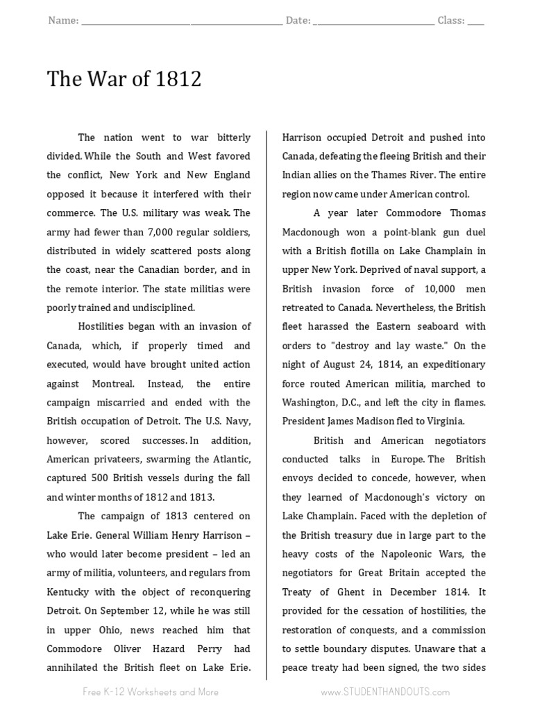 04.12 War of 1812 Reading Questions | PDF | War Of 1812 | Military