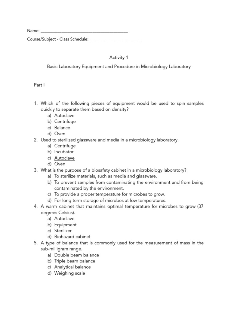 Activity 1 Basic Laboratory Equipment and Procedure in Microbiology ...