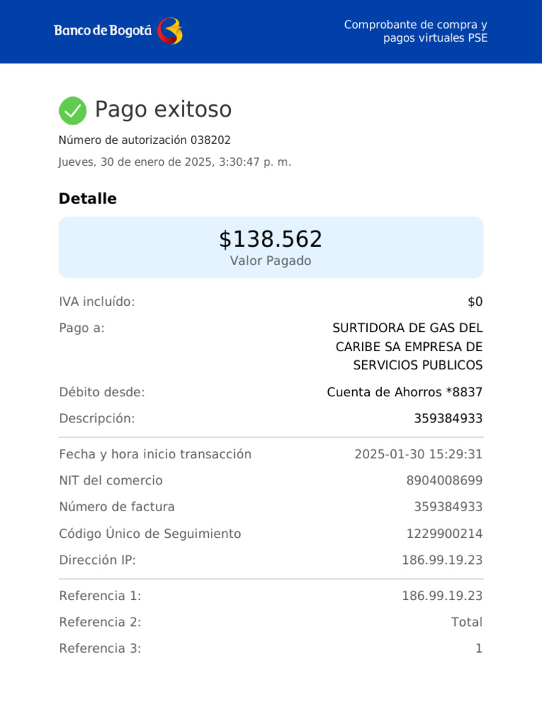 Comprobante de Pago PSE - Surtidora Gas | PDF