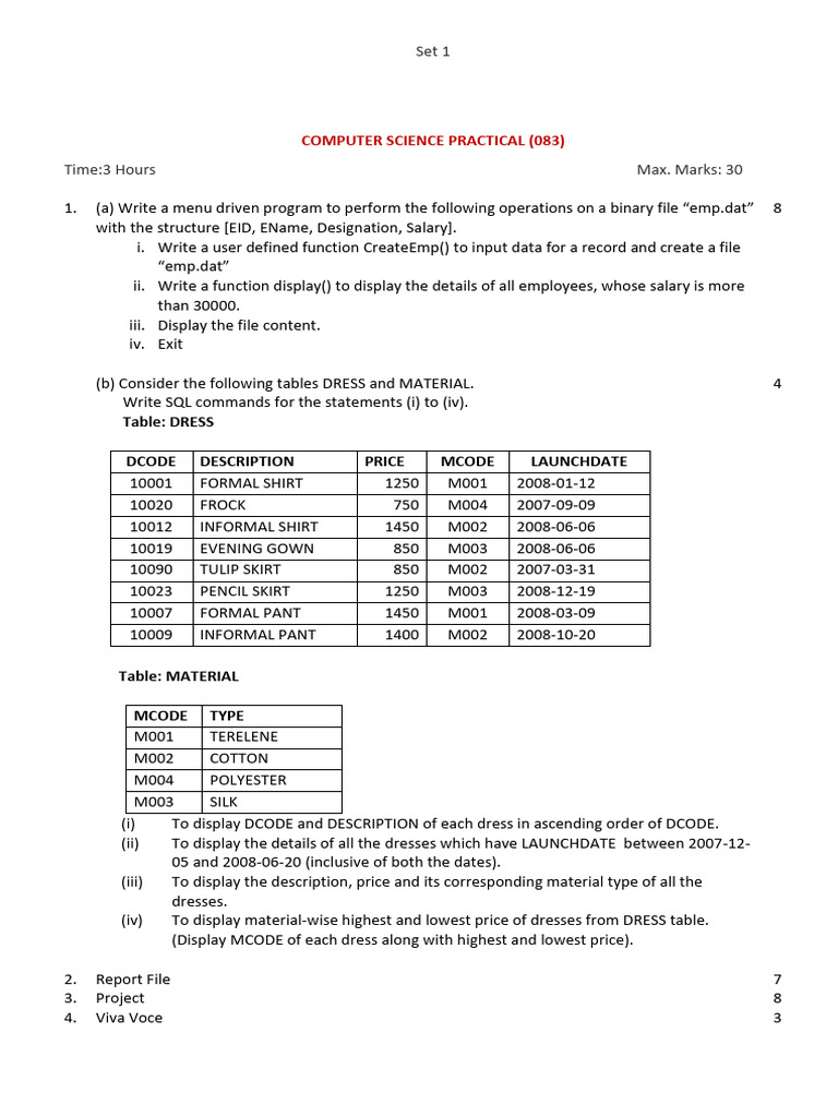 Grade 12 Computer Science Practicals - CBSE - 2025 | PDF | Dress