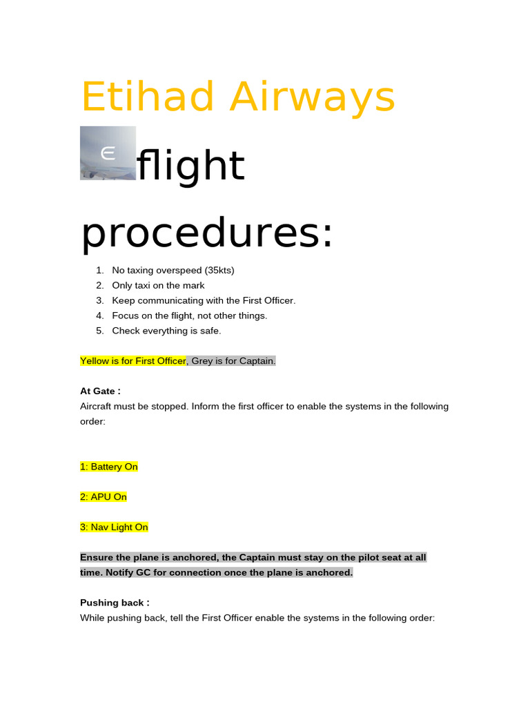 Flight Procedures for Etihad Airways | PDF | Aviation | Aviation Safety