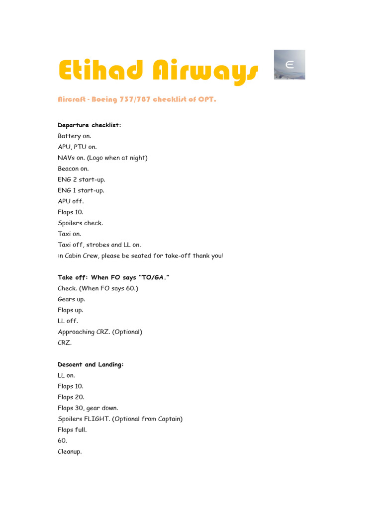 Etihad Airways Boeing Aircraft Captain Checklist | PDF
