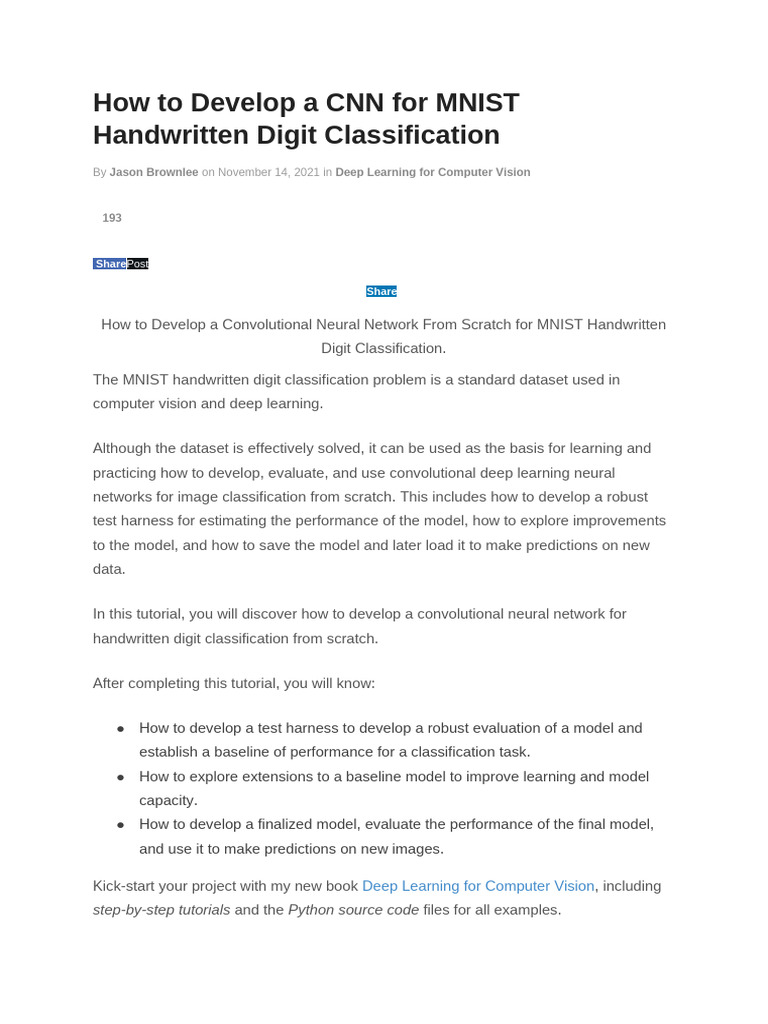 How To Develop A Cnn For Mnist Handwritten Digit Classification Pdf