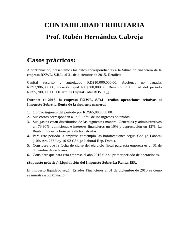 P1 Casos prácticos Capital No. 1 | PDF | Impuesto sobre la renta ...
