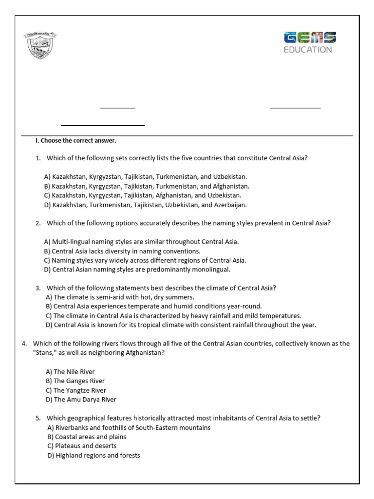 Term 2 - MSCS Reinforcement Worksheet 1 | PDF | Central Asia | Mountains