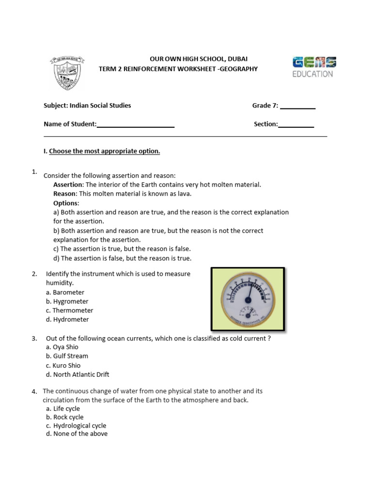 Term 2 -Indian SST Reinforcement Worksheet -Geography | PDF | Oceans | Earth