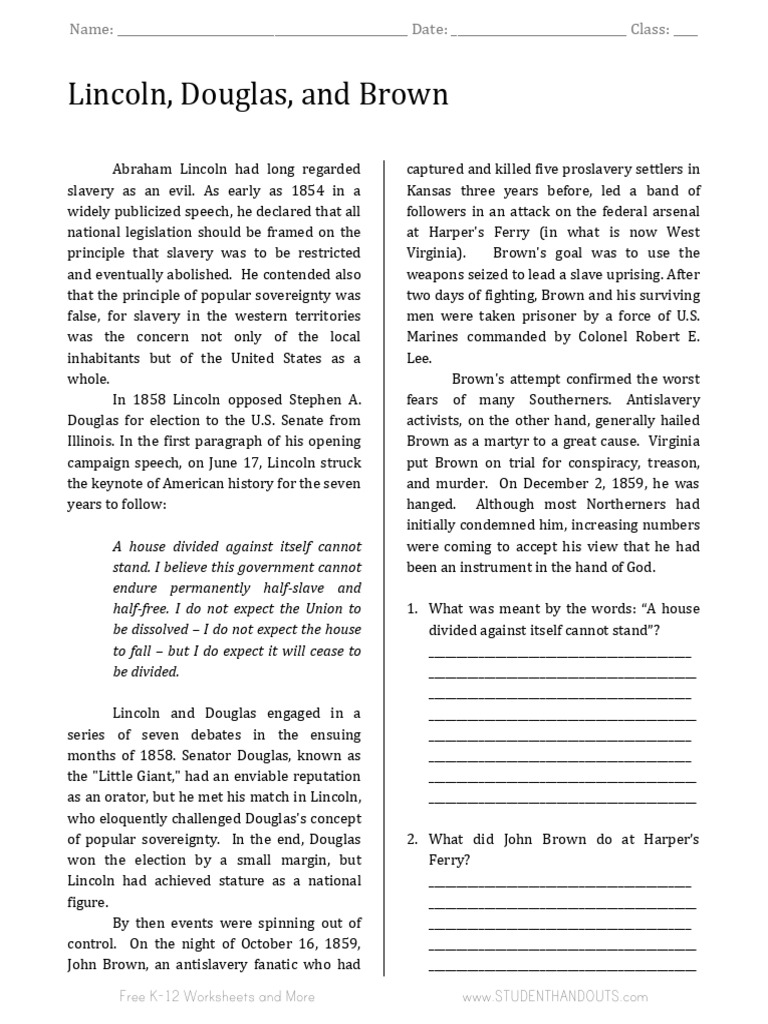 06.08-lincoln-douglas-brown-reading-questions-worksheet | PDF | Abraham ...