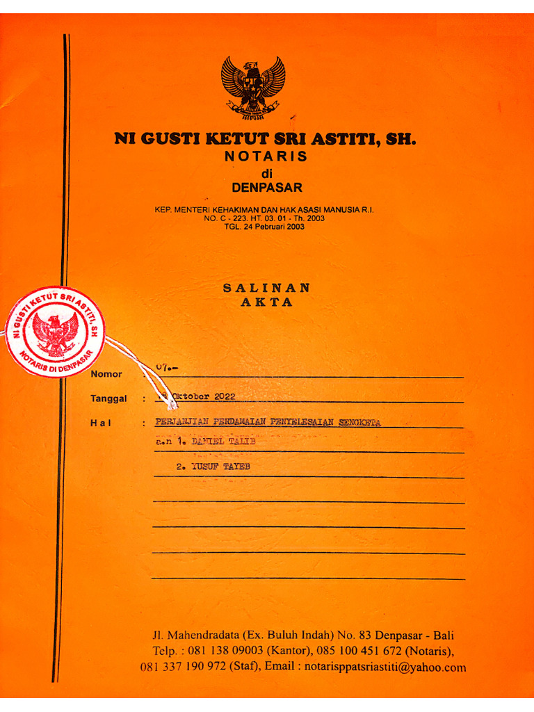 Akta Perjanjian Perdamaian Daniel Dan H. Yusuf | PDF