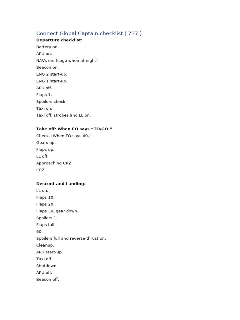 Connect Global 737 Captain Checklist | PDF
