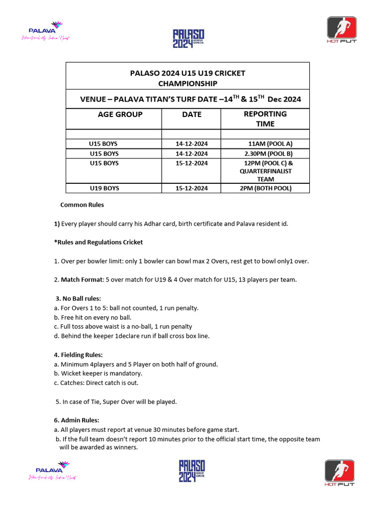 U15 U19 Cricket Schedule Palaso 2024 | PDF