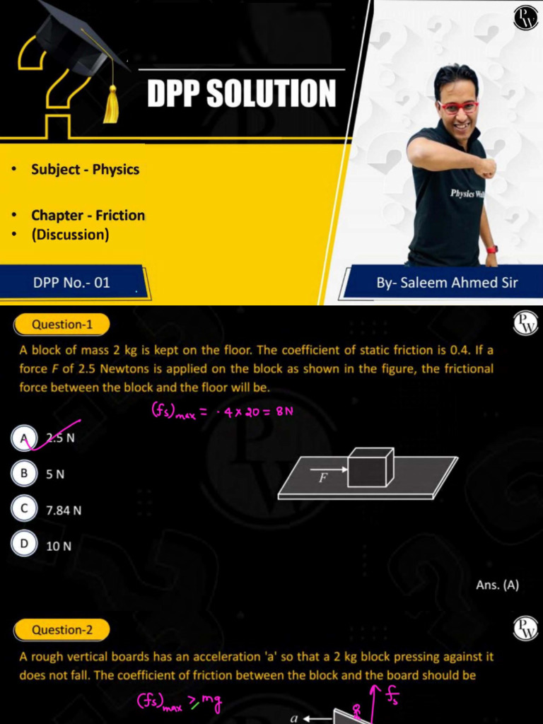 Friction - DPP 01 Solution Notes - Arjuna JEE 2024 | PDF