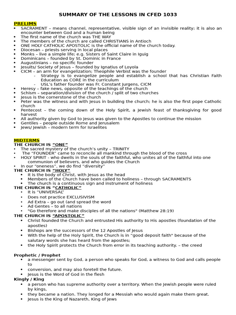 SUMMARY-OF-THE-LESSONS-IN-CFED-1033 2 | PDF | Eucharist | Mass (Liturgy)