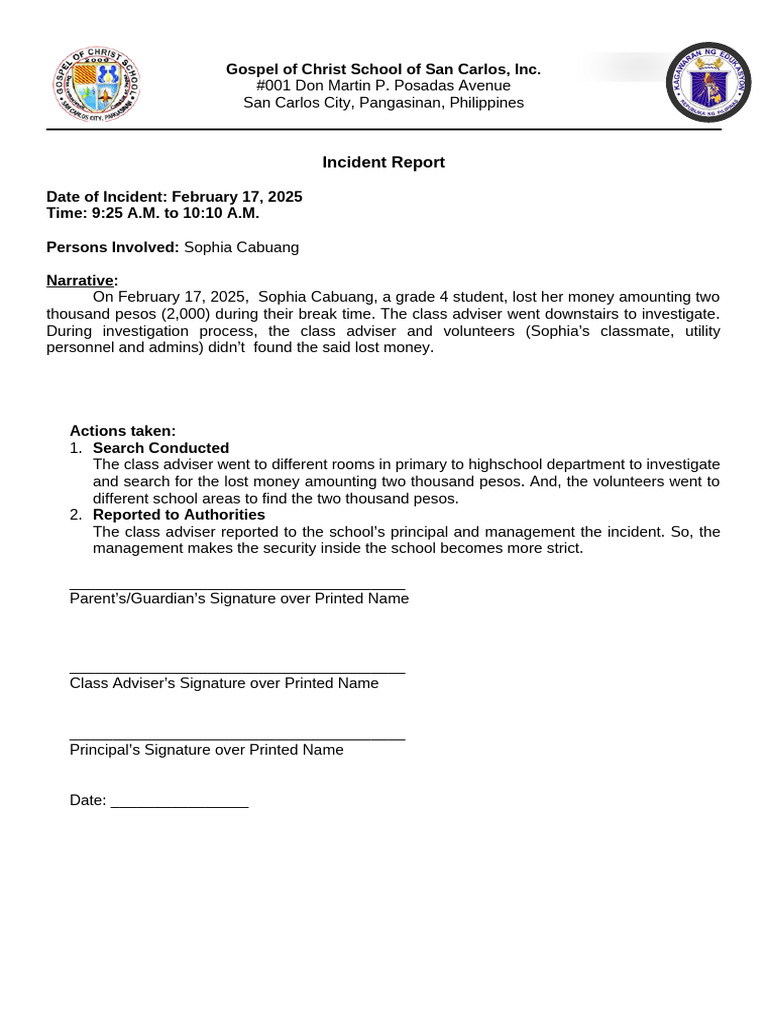 Incident Report: Lost Money at School | PDF