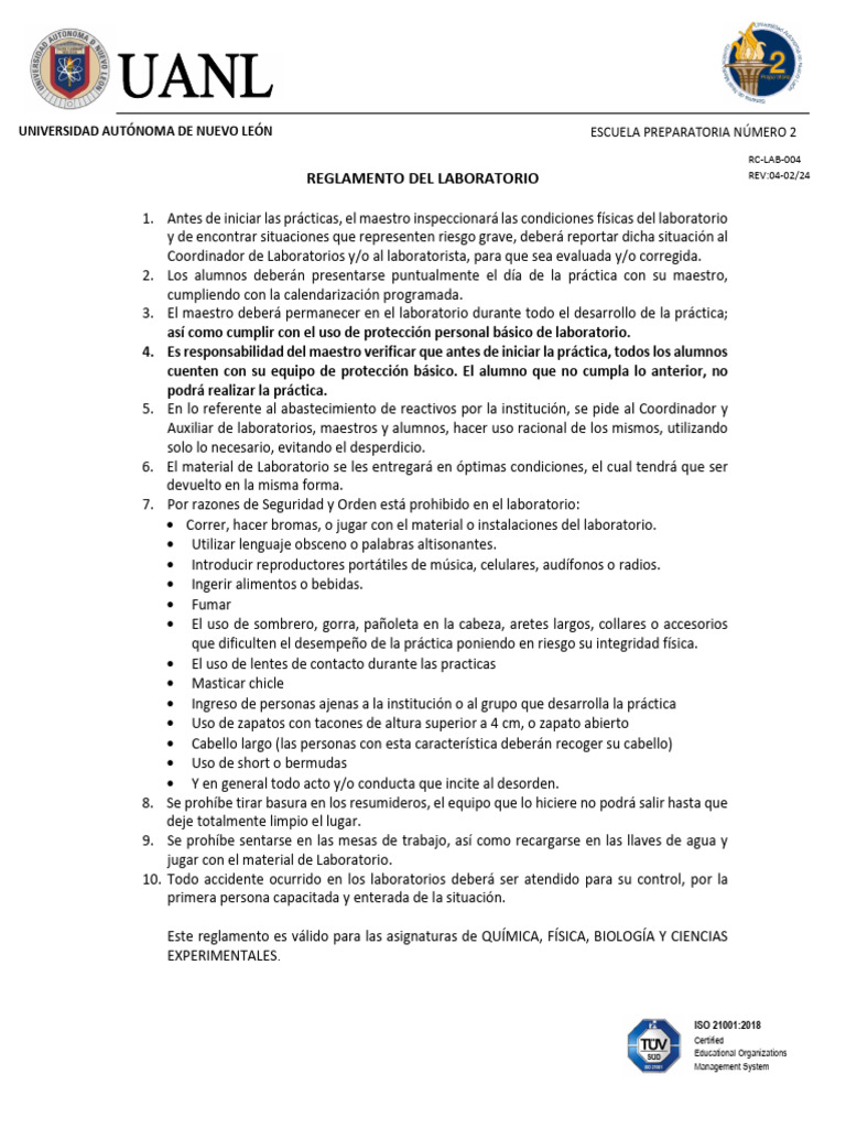 Reglamento para Uso de Laboratorios | PDF | Laboratorios