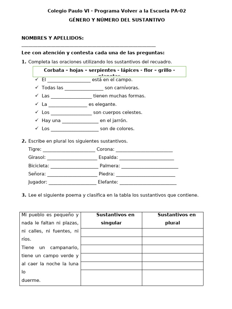 Genero y Numero Del Sustantivo | PDF | Sustantivo