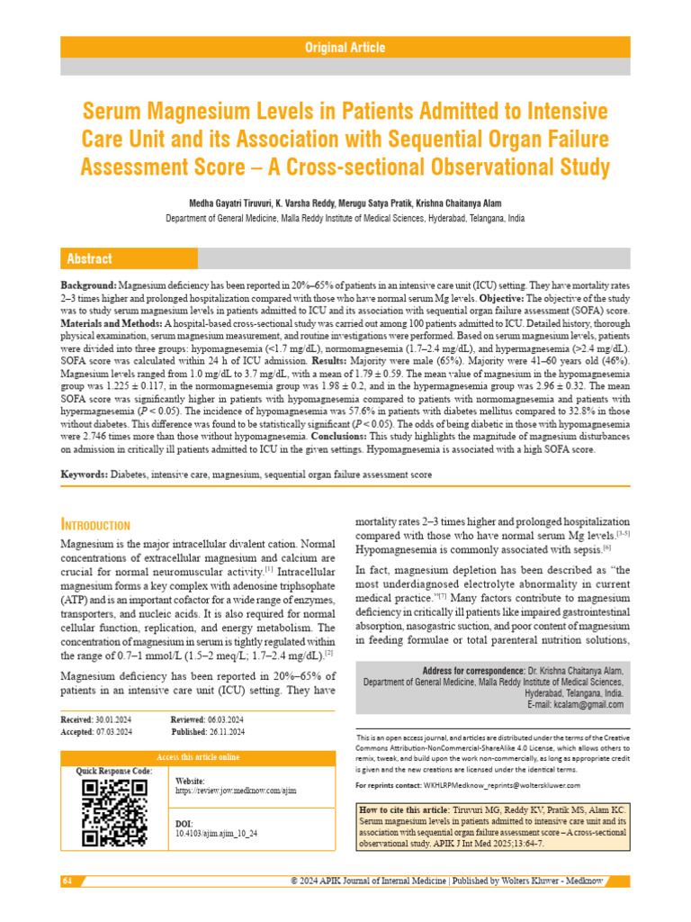 Serum Magnesium Levels in Patients Admitted To.11 | PDF | Medicine ...