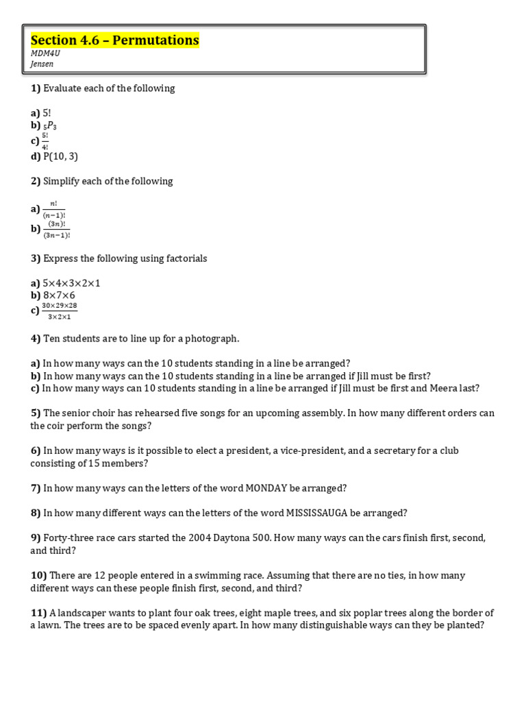 Permutations and Factorials Exercises | PDF
