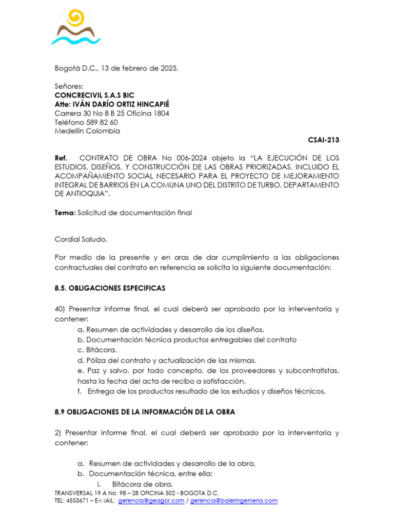 CSAI-213 - Solicitud de Documentación Final | PDF