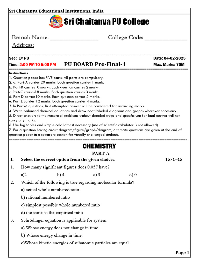 04-02-2025 - 1st PU - Pre Final-1 - CHEMISTRY - Q.Paper | PDF ...