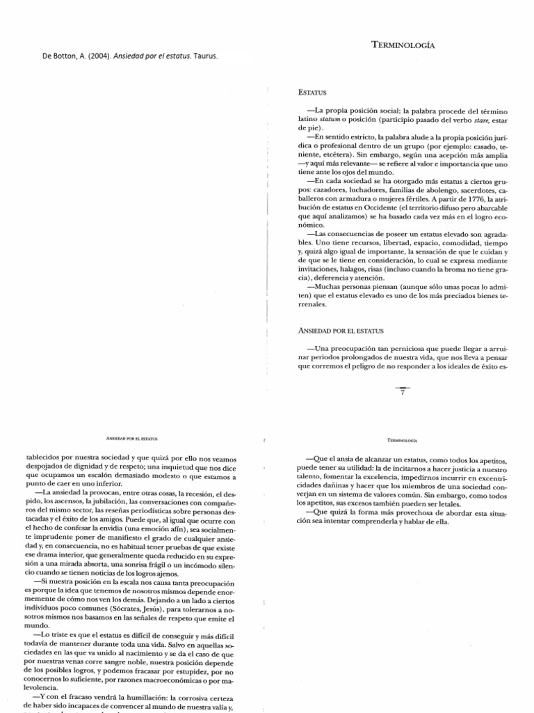 Separata 1 PP. 1-37, Ansiedad Por El Estatus (De Botton, 2007) | PDF