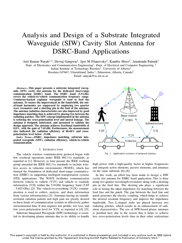 Analysis and Design of a Substrate Integrated Waveguide SIW Cavity Slot Antenna for DSRC-Band ...