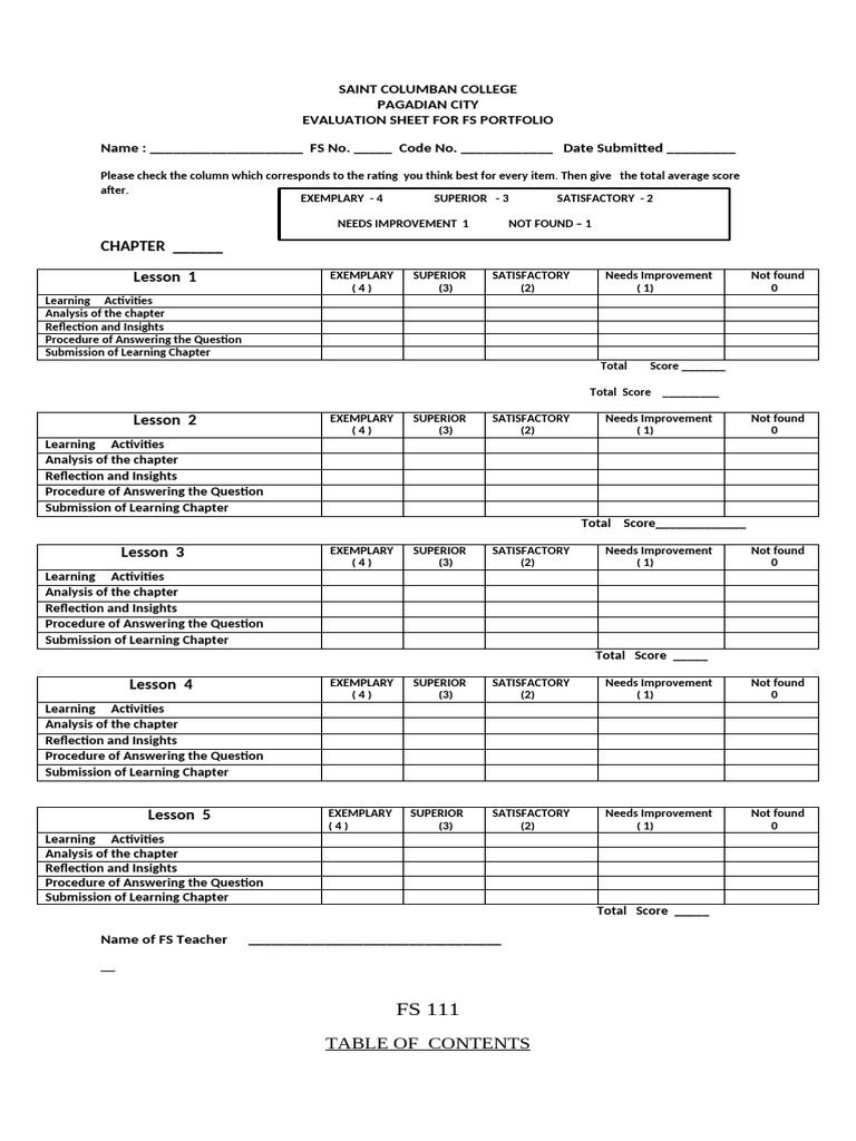 FS Portfolio Evaluation Sheet | PDF