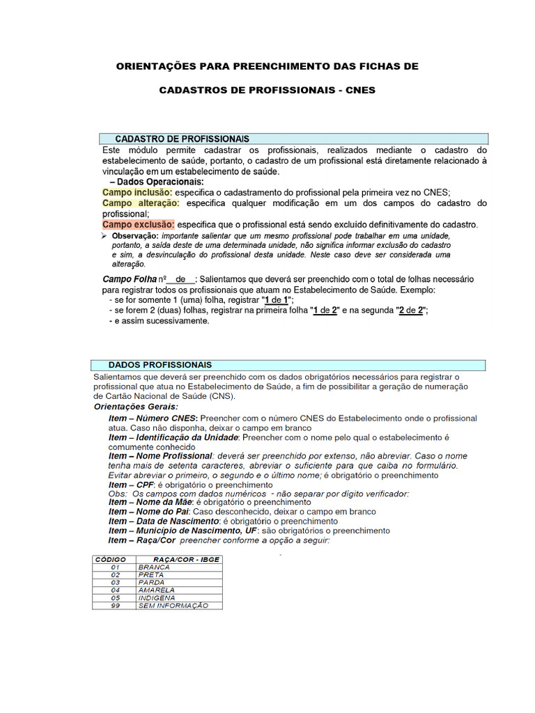 Orientacoes Preenchimento Cadastro de Profissional - Cnes | PDF