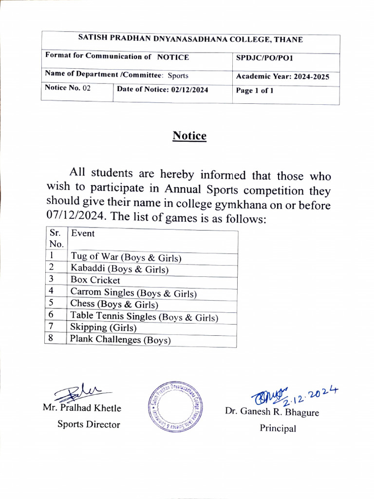 Annual Sports Competition Notice | PDF