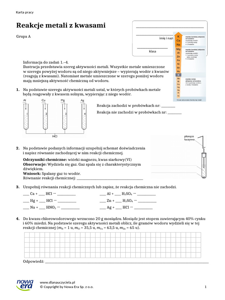 Karta Pracy Reakcje Metali Z Kwasami | PDF