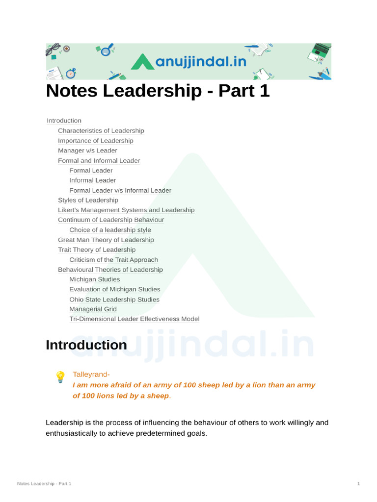 Notes Leadership Part 1 1 1 Lyst5111 | PDF