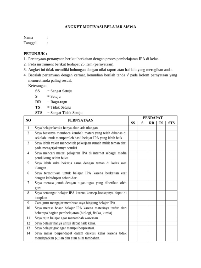 Angket Motivasi Belajar Siswa | PDF