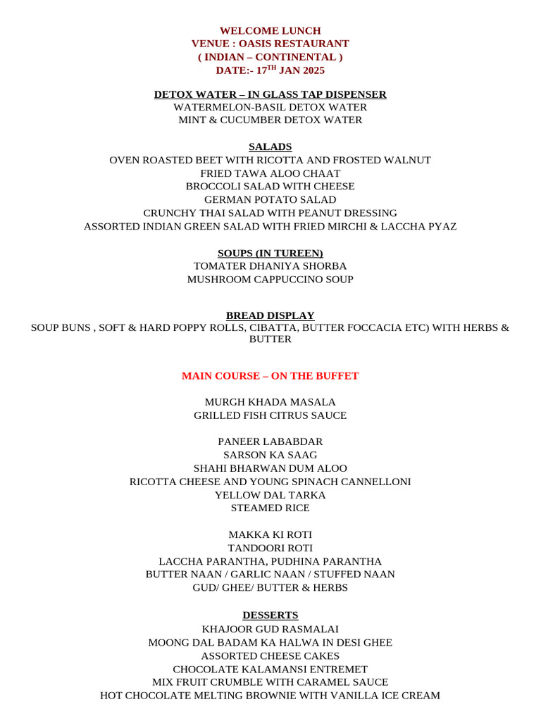 Welcome Lunch Menu at Oasis Restaurant | PDF