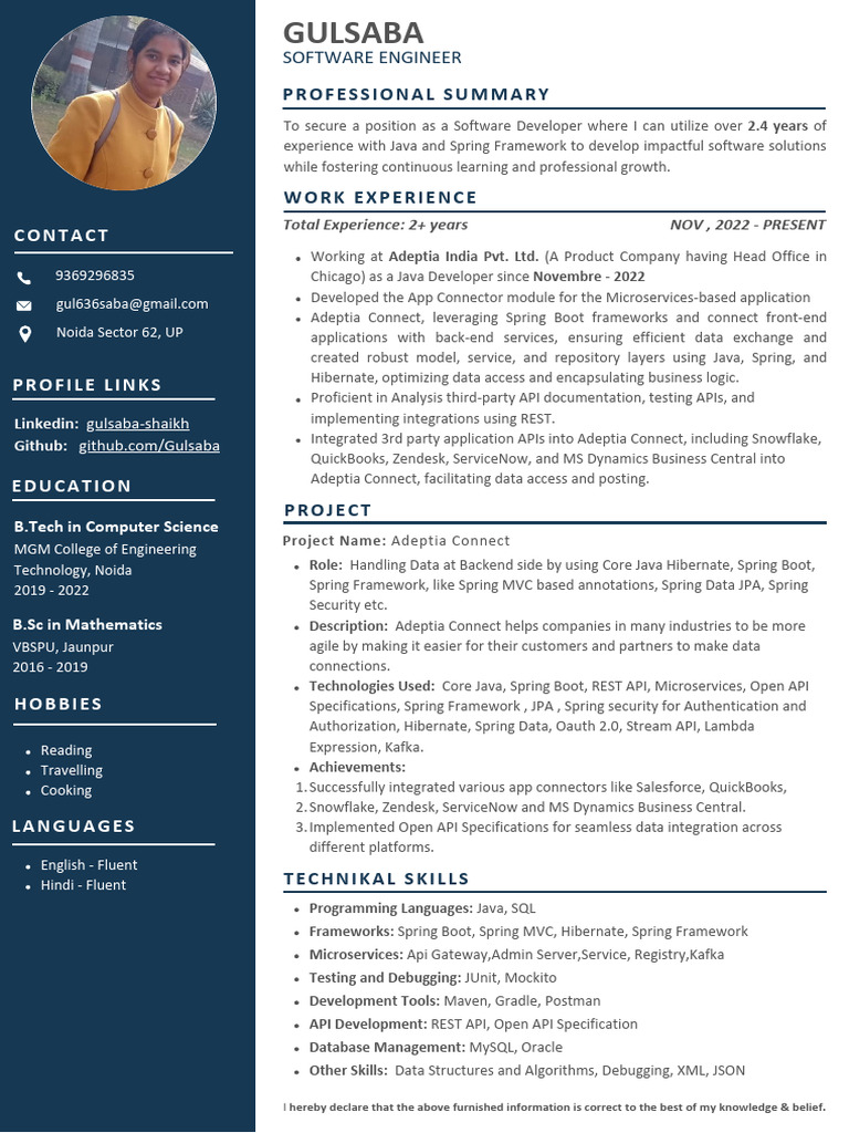Gulsaba Resume Pdf Spring Framework Java Programming Language 5634