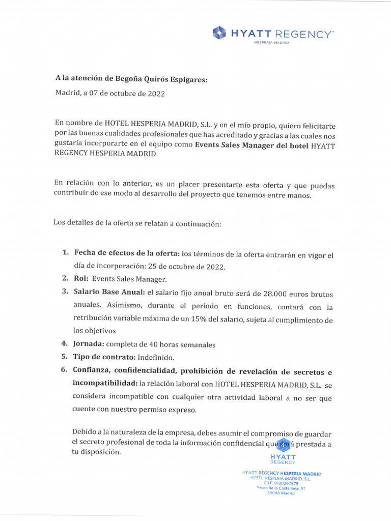 Hyatt Regency Hesperia Madrid - Carta Oferta Laboral - Begoña Quirós | PDF