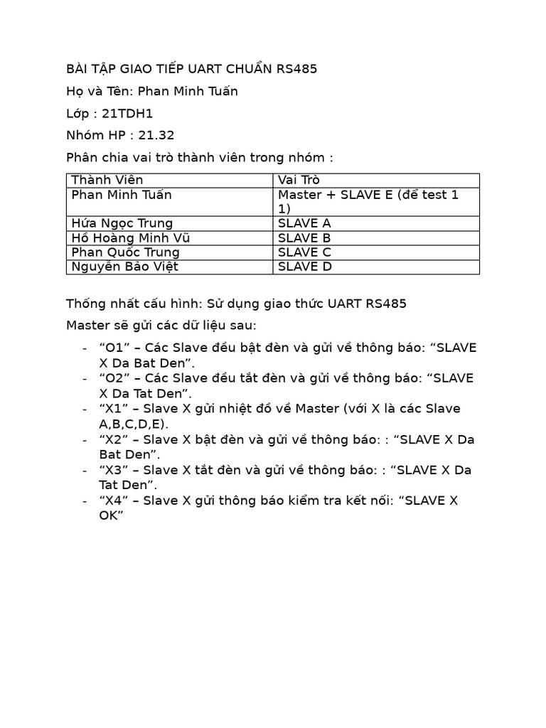 BÀI TẬP GIAO TIẾP UART CHUẨN RS485 - PHAN MINH TUẤN | PDF