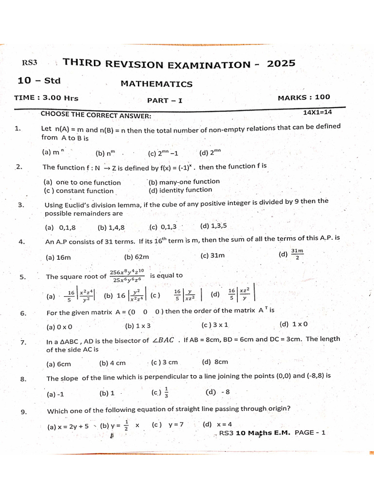 10th Maths 3rd Rev 2025 QP | PDF