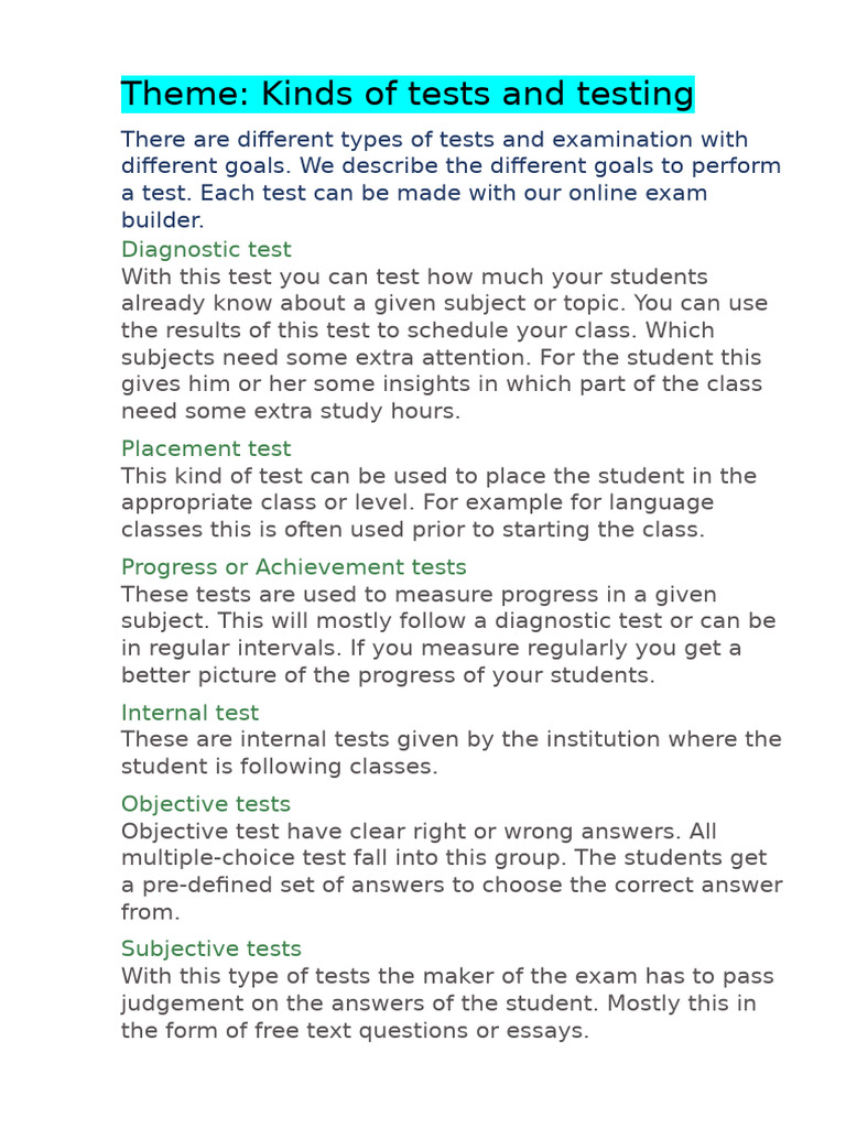 Types of Educational Tests Explained | PDF | Reading Comprehension ...