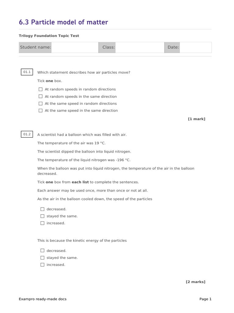 Particle Model of Matter Test Questions | PDF | Density | Temperature